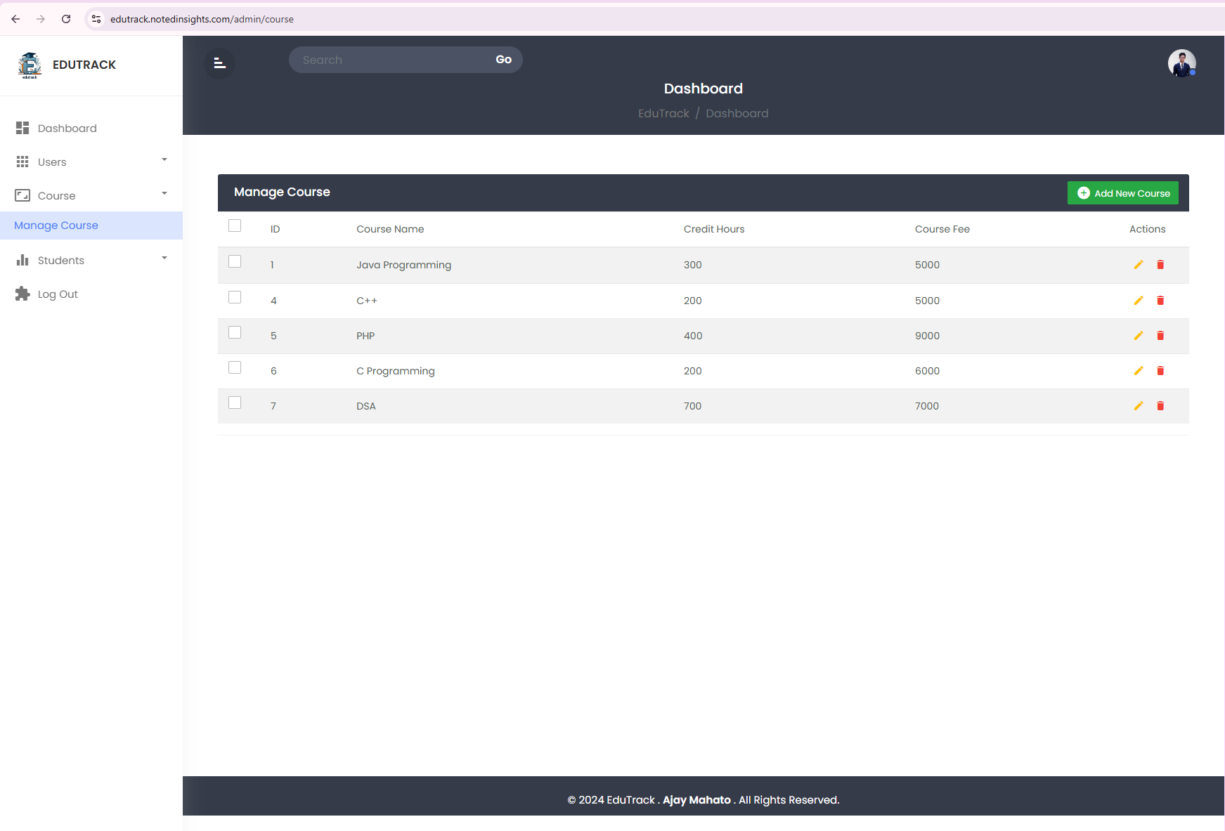 EduTrack - Course Management System - Noted Insights